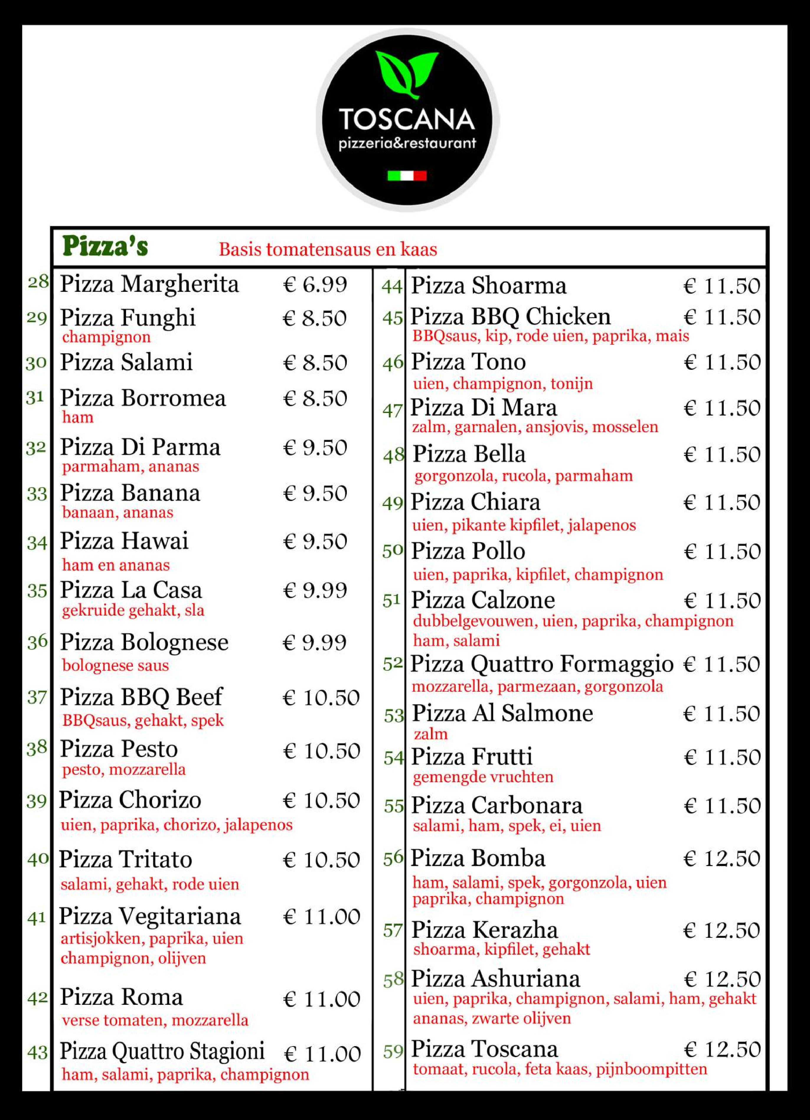 Menukaart - Pizzeria Toscana, Enschede - Eet.nu