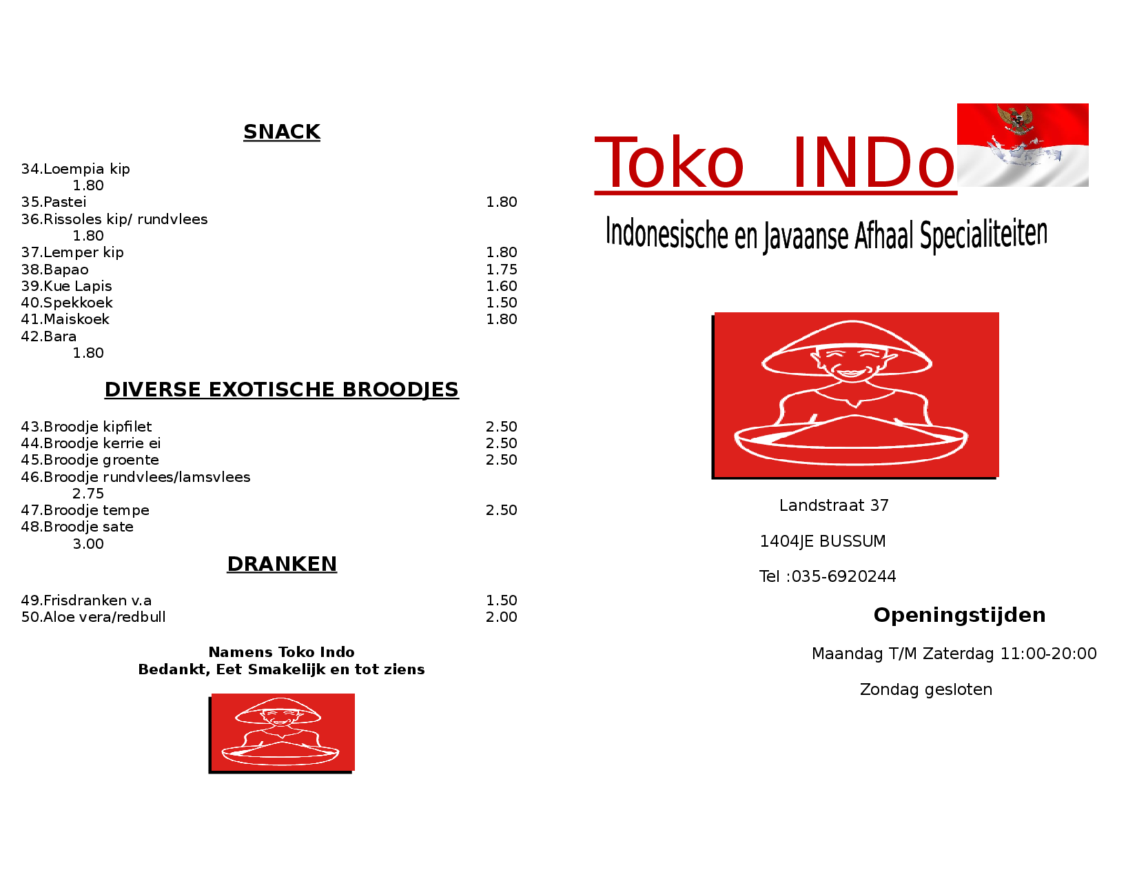 Menu - Toko Indo, Bussum - Eet.nu