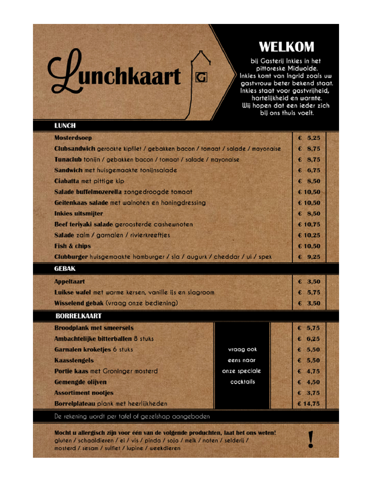 Menukaart - Gasterij Inkies, Midwolde - Eet.nu