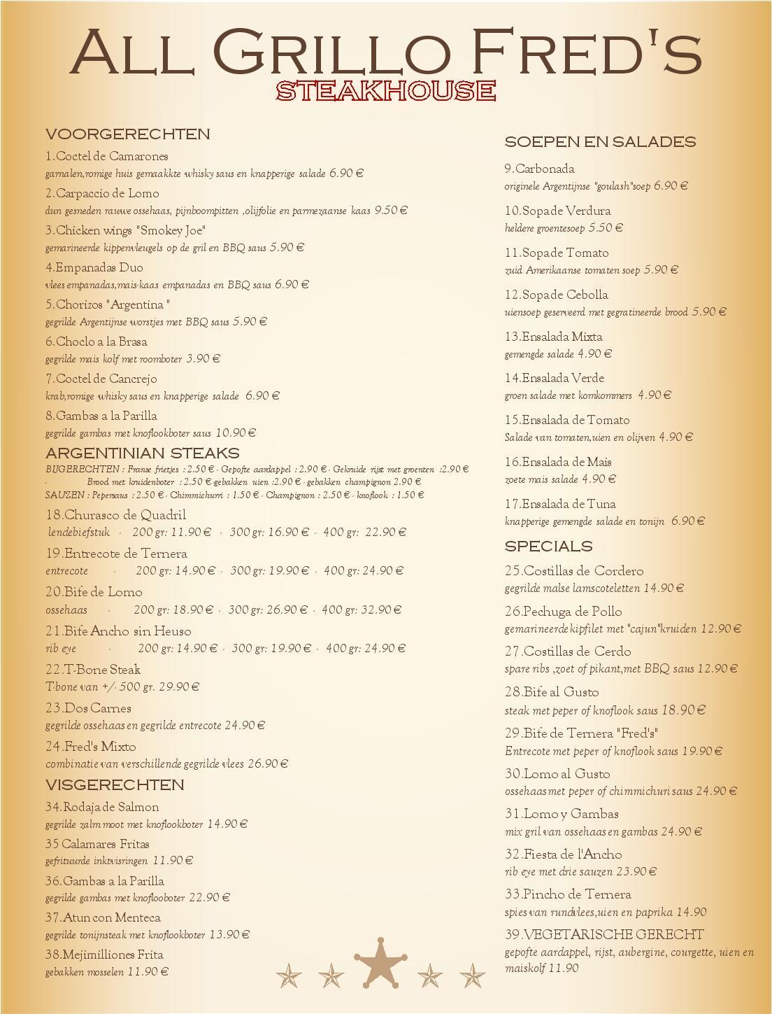 All Grillo Fred's menu - Fred's Steakhouse, Amsterdam - Eet.nu