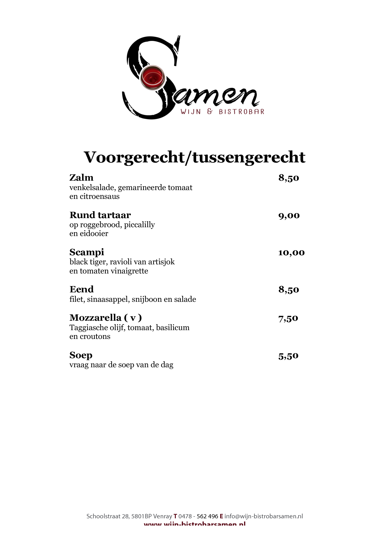 Menukaart - Wijn & Bistrobar Samen, Venray - Eet.nu