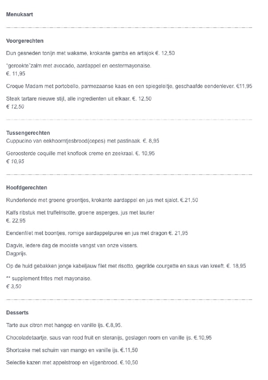 Menukaart - Restaurant Kroft | No Nonsense, Hoorn - Eet.nu