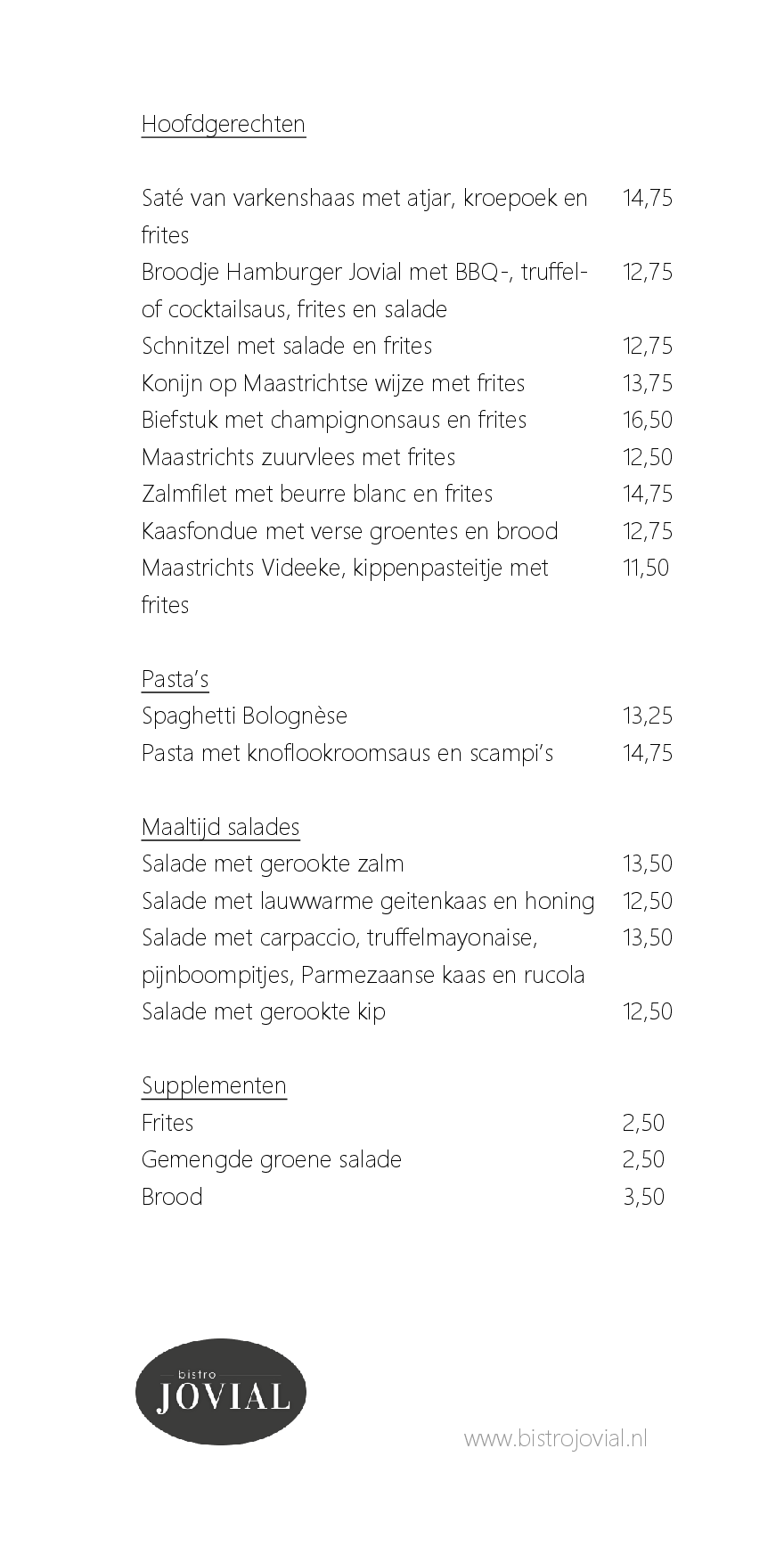 Menukaart Bistro Jovial - Bistro Jovial, Maastricht - Eet.nu