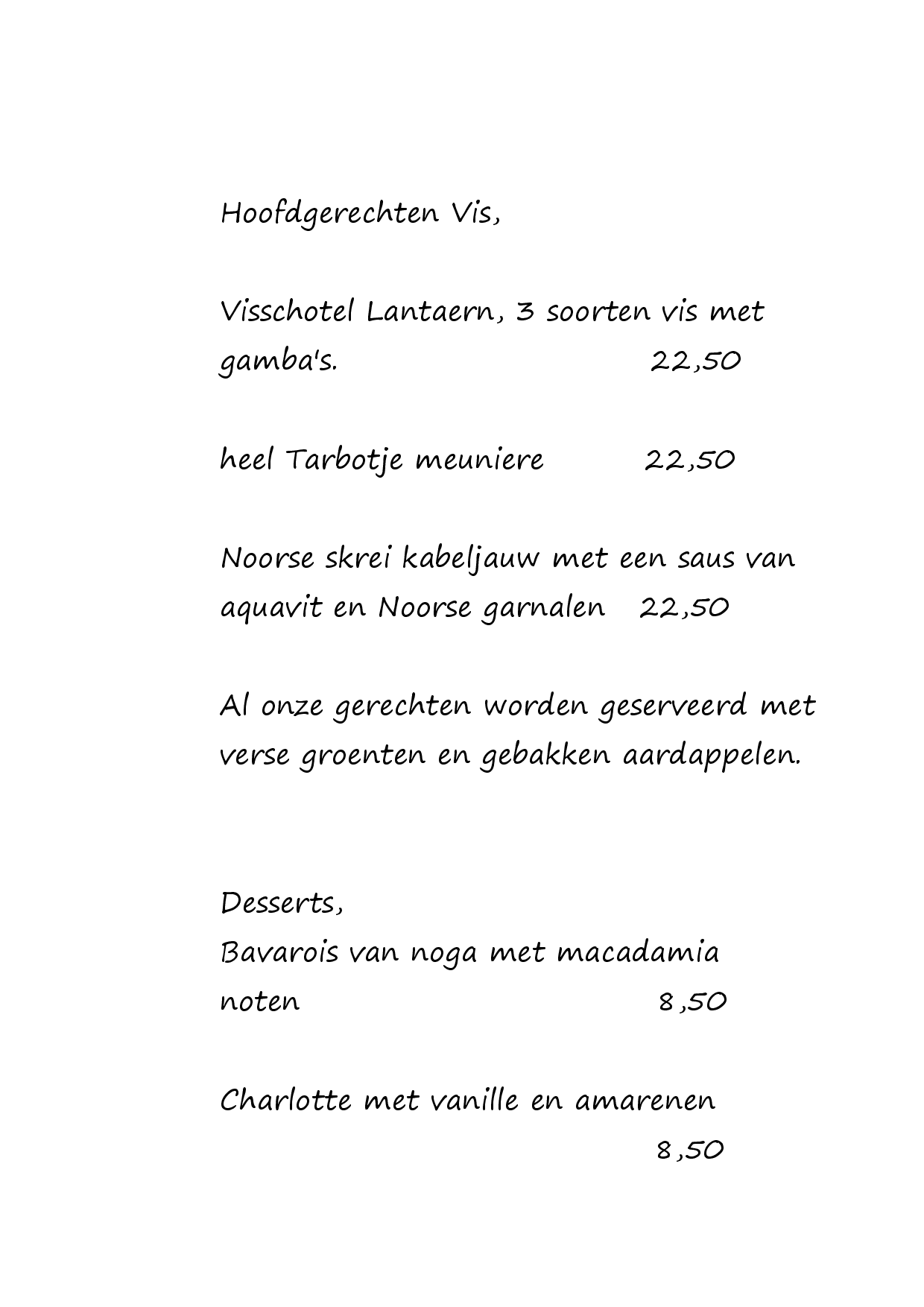 Menukaart — Brasserie de Lantaern