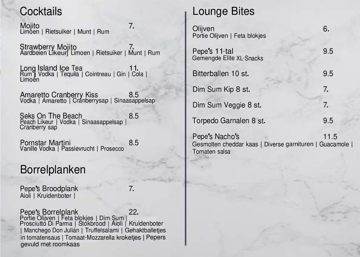 Menukaart Bar & Bites - PEPE'S, Beek - Eet.nu