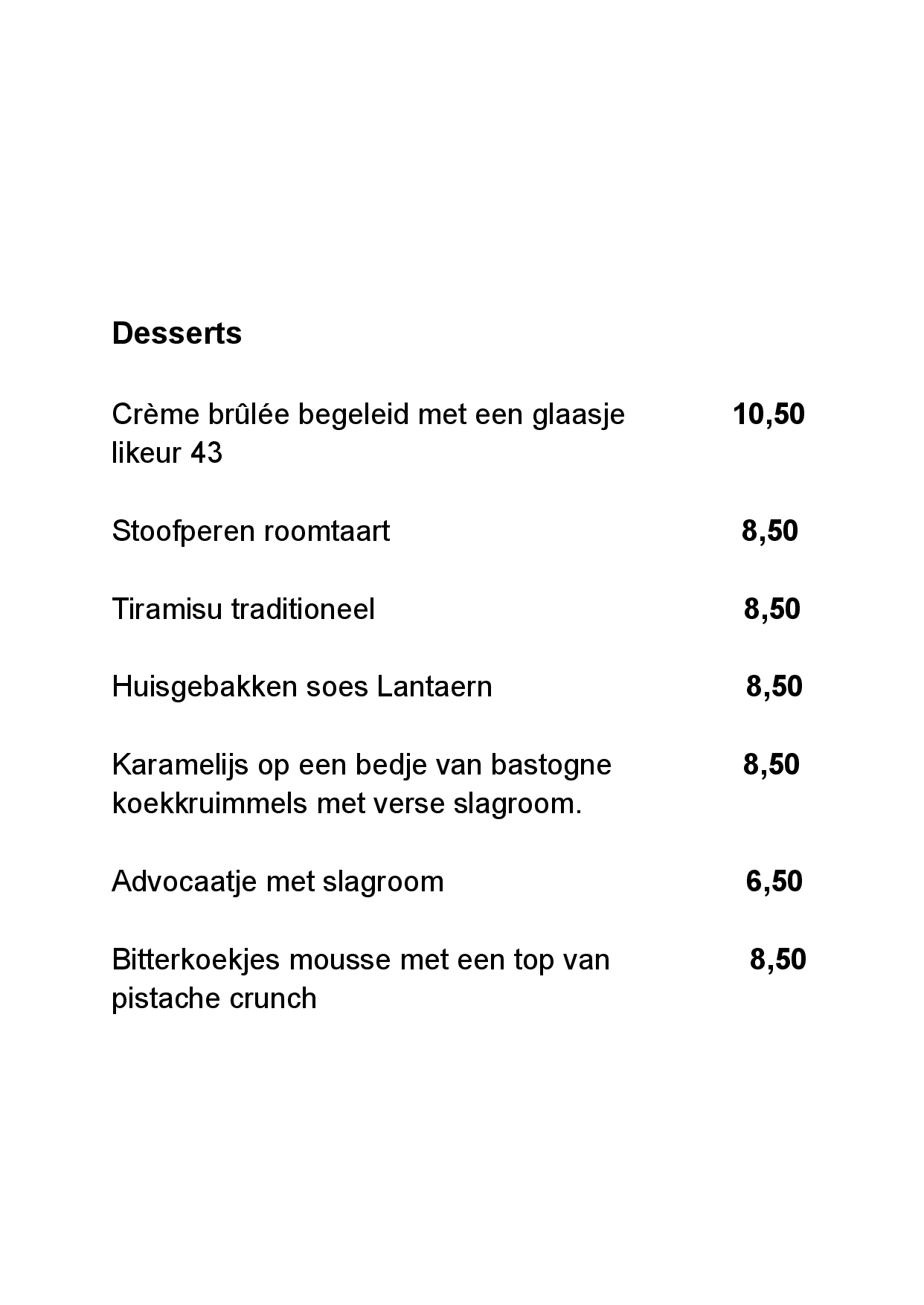 Menukaart — Brasserie de Lantaern