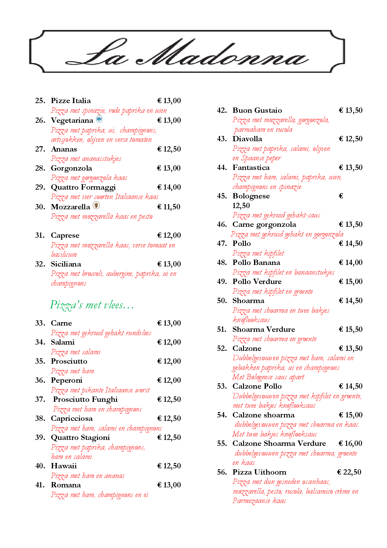 Menu La Madonna - La Madonna, Uithoorn - Eet.nu