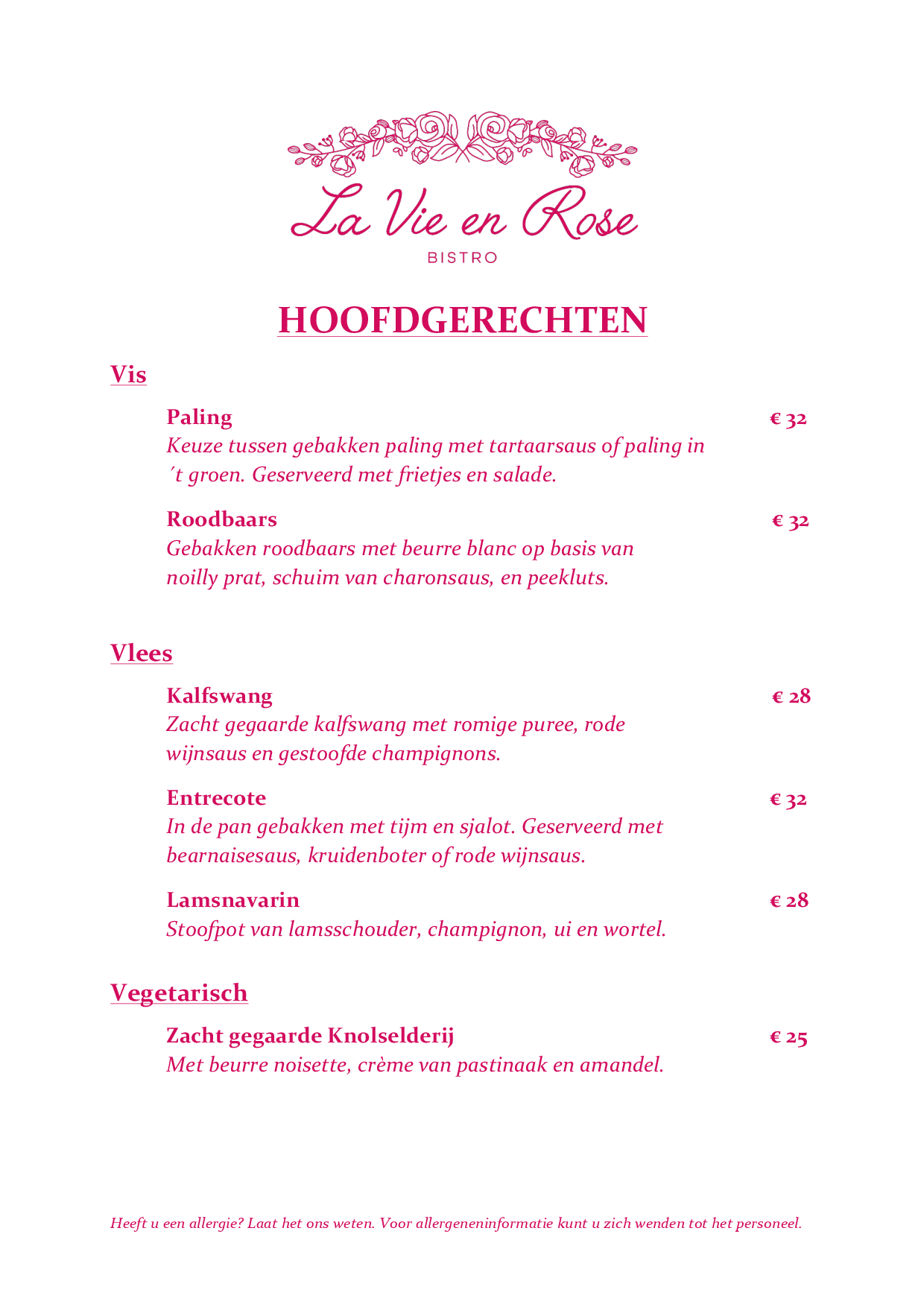 Menukaart - La Vie en Rose, Groede - Eet.nu
