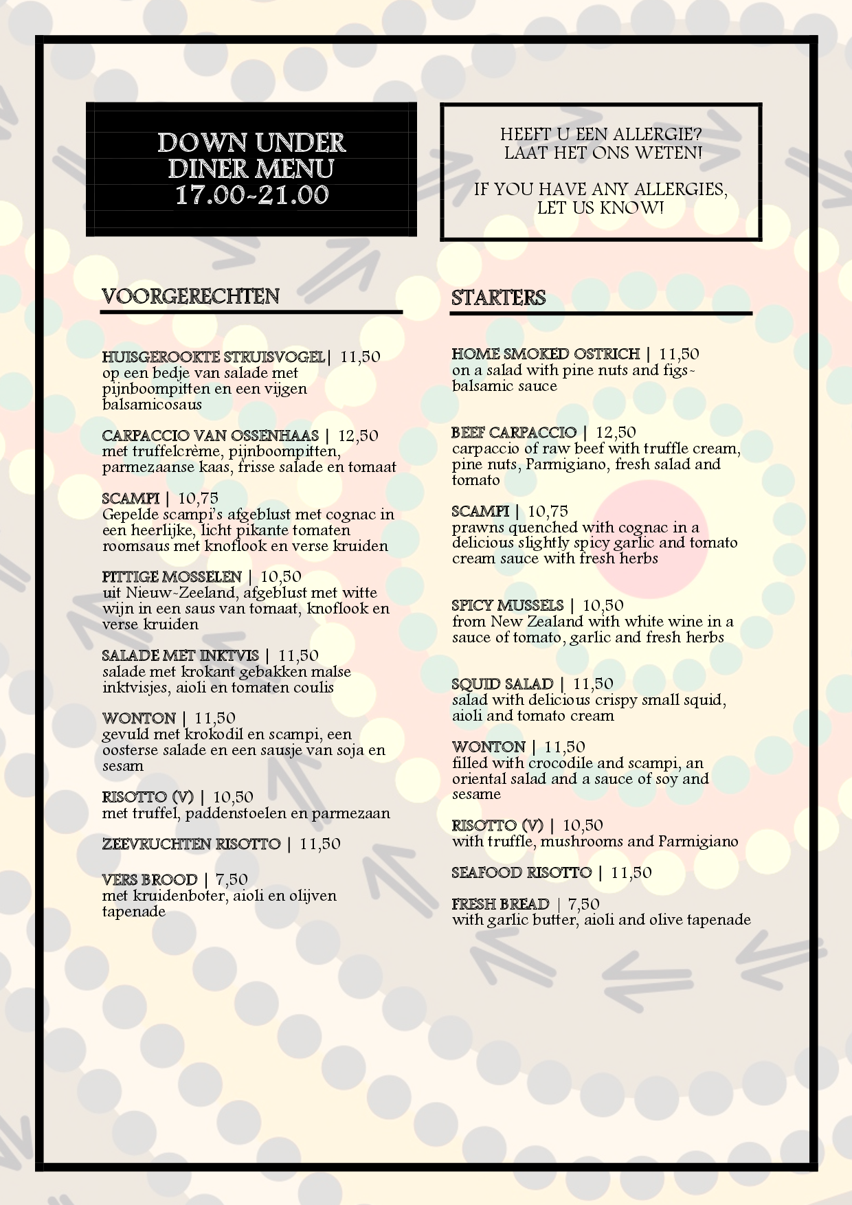 Diner menu - Down Under, Sittard - Eet.nu