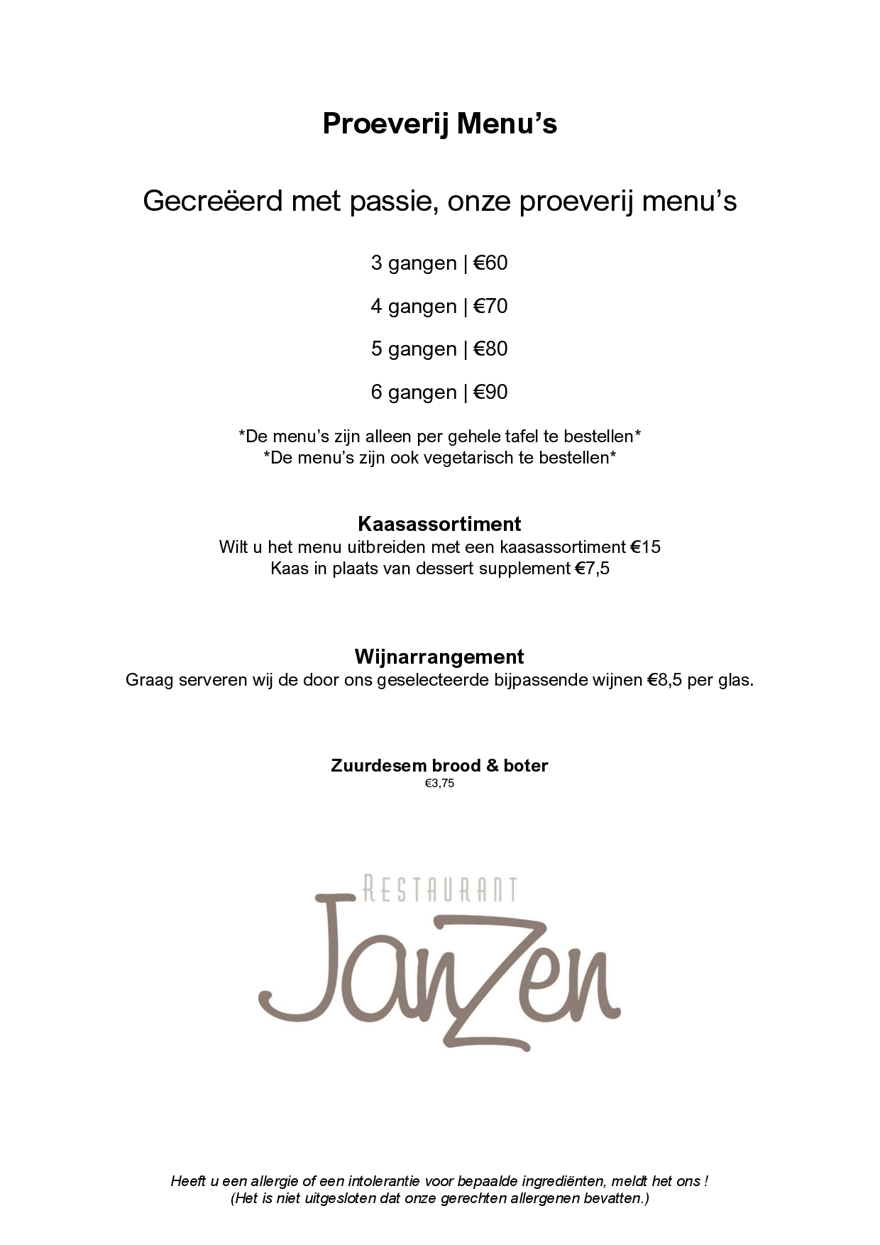 Menu & a La Carte kaart - JanZen, Woerden - Eet.nu