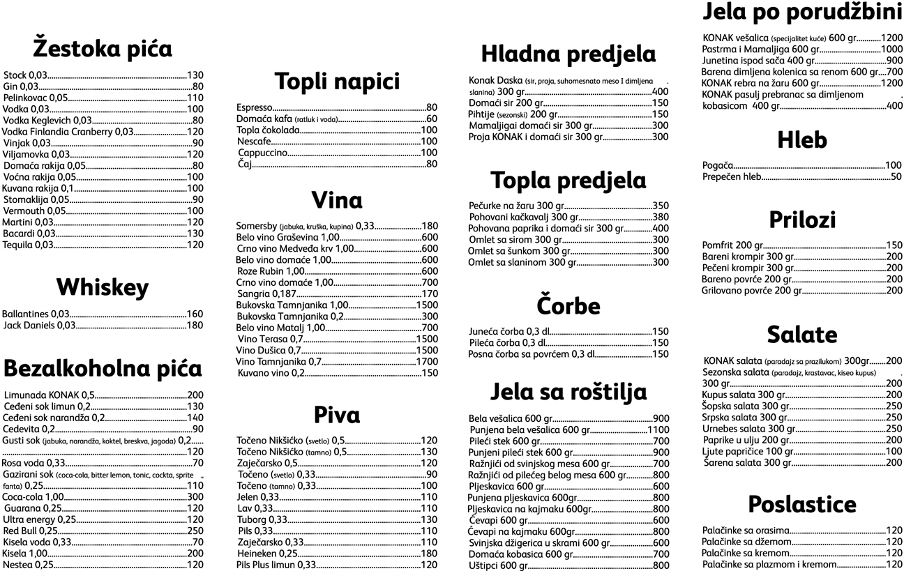 Jelovnik i karta pića - Etno restoran KONAK, Negotin - Eet.nu