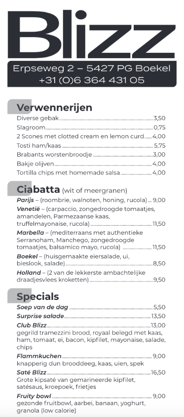 Menukaart 1/2 - Blizz, Boekel - Eet.nu